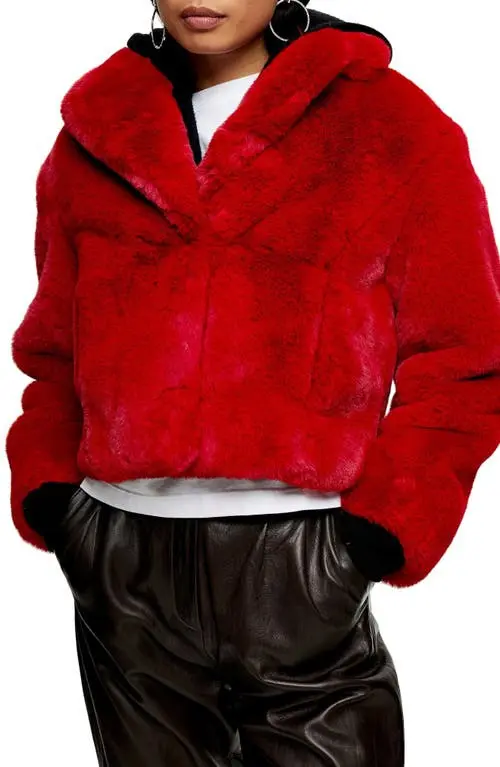 Topshop Faux Fur Crop Jacket With Notched Lapels