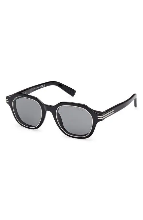 Zegna 49mm Geometric Polarized Sunglasses - Shiny Black / Smoke