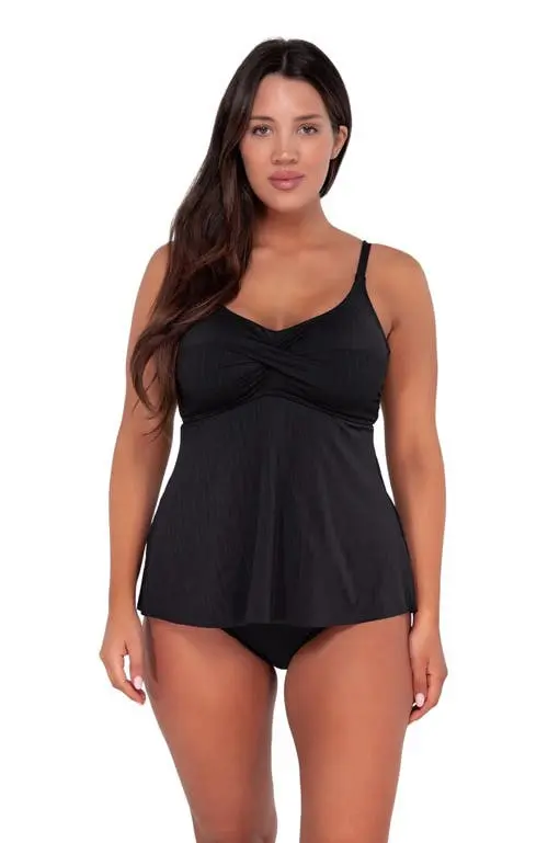 SUNSETS ESCAPE Tori Tankini Swimsuit Top - Black Seagrass Texture