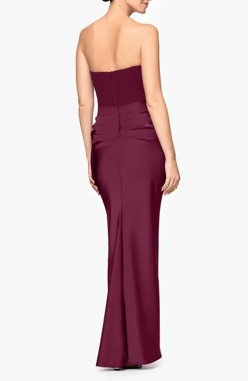 Betsy & Adam Strapless Mixed Media Gown - Plum
