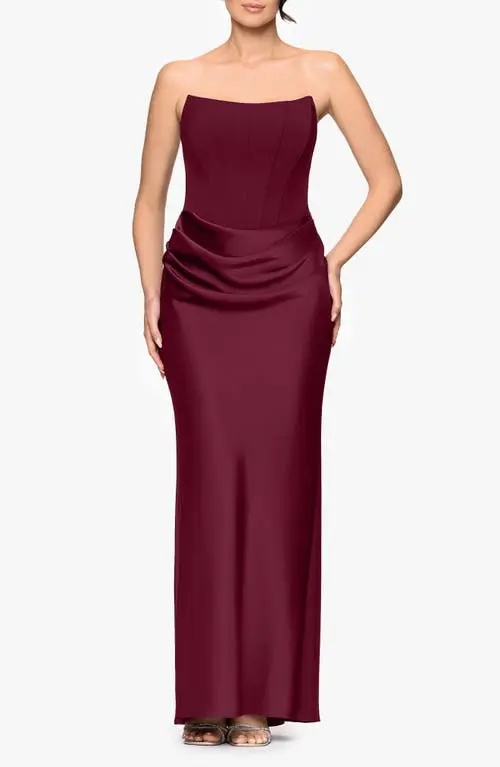 Betsy & Adam Strapless Mixed Media Gown - Plum