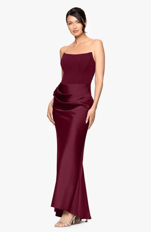 Betsy & Adam Strapless Mixed Media Gown - Plum