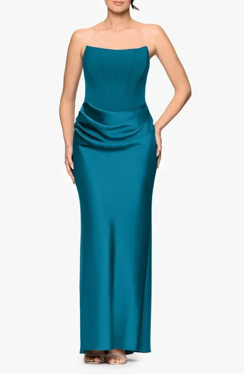 Betsy & Adam Strapless Mixed Media Gown - Teal