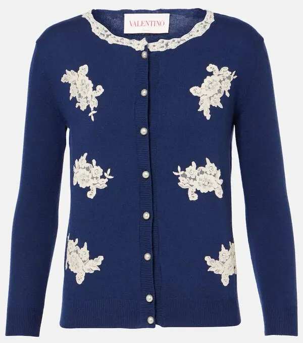 Valentino Garavani Lace-trimmed Virgin Wool Cardigan - Blue