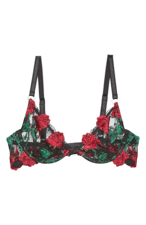 FLEUR DU MAL Fuller Cup Bleeding Rose Embroidered Underwire Bra - Black