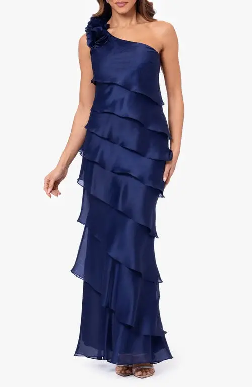 XSCAPE EVENINGS Ruffle One-shoulder Tiered Charmeuse Gown