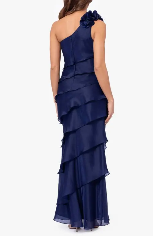 XSCAPE EVENINGS Ruffle One-shoulder Tiered Charmeuse Gown