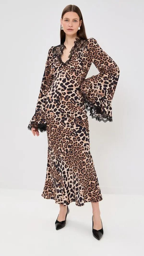 Leopard Print Silk Dress With Bell Sleeves