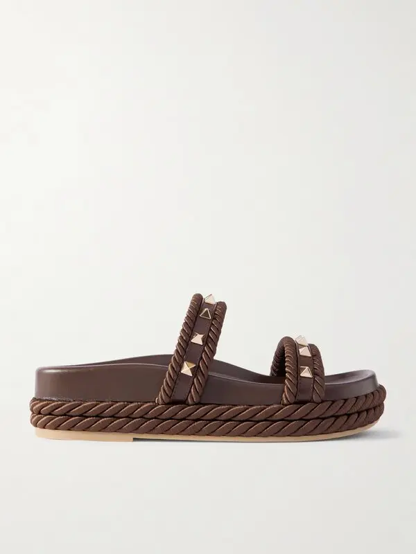 Valentino Garavani Rockstud Rope-trimmed Platform Slides - Brown