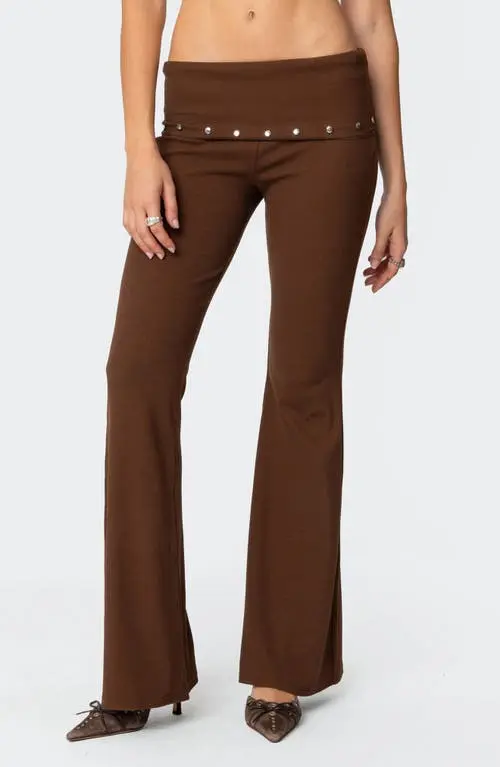 EDIKTED Aries Foldover Studded Waist Flare Leggings