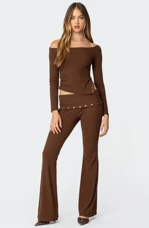 EDIKTED Aries Foldover Studded Waist Flare Leggings