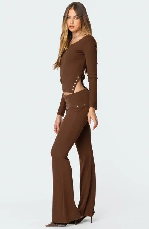 EDIKTED Aries Foldover Studded Waist Flare Leggings