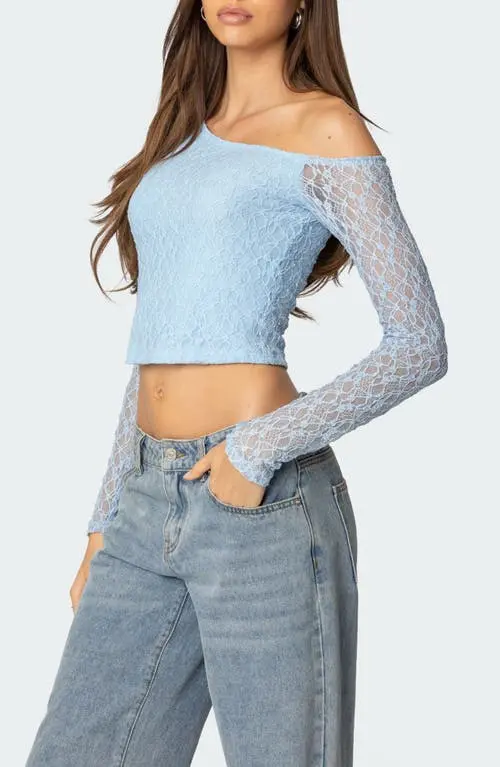 EDIKTED Fabia One-shoulder Lace Crop Top - Light-blue