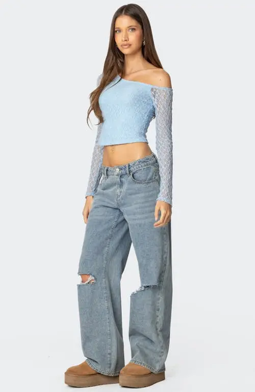 EDIKTED Fabia One-shoulder Lace Crop Top - Light-blue