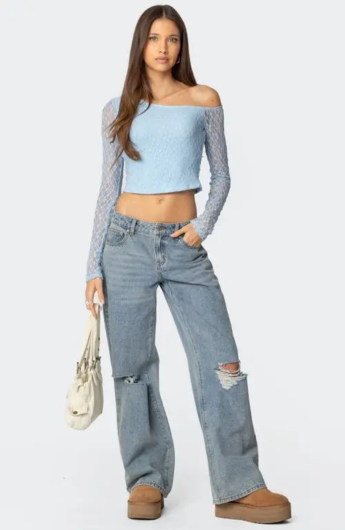 EDIKTED Fabia One-shoulder Lace Crop Top - Light-blue