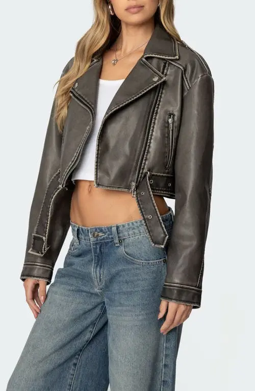 EDIKTED Washed Faux Leather Moto Jacket