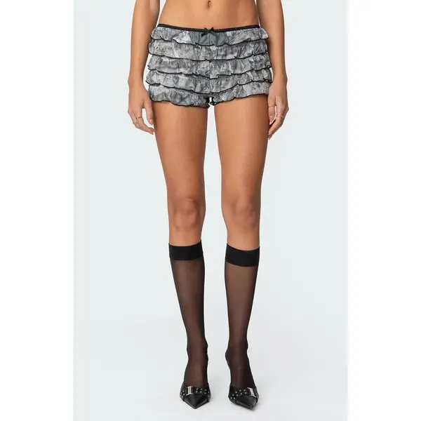 EDIKTED Ruffle Camo Mesh Micro Shorts