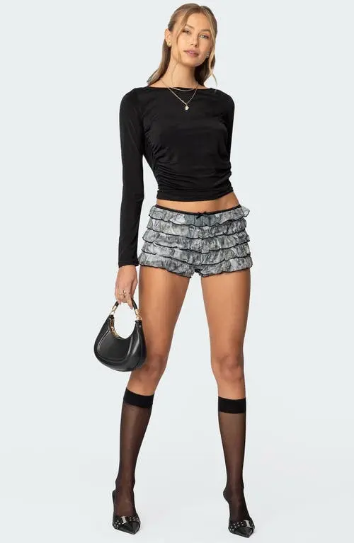 EDIKTED Ruffle Camo Mesh Micro Shorts