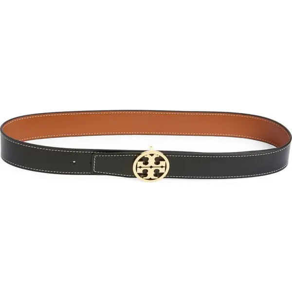 Tory Burch 1.5-inch Miller Reversible Logo Belt - Black/malt Whiskey