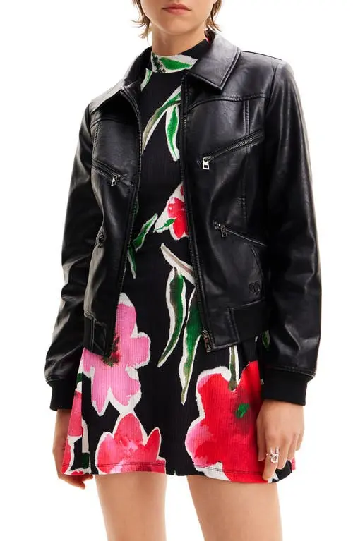 Desigual Retro Faux Leather Biker Jacket - Black