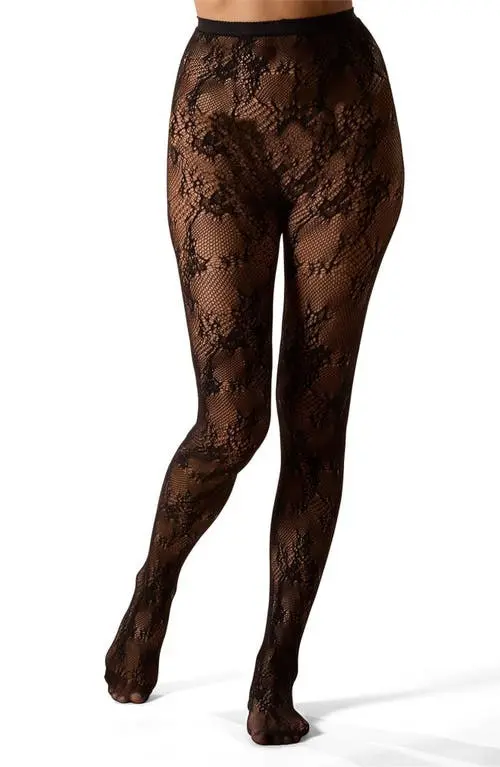 MEMOI Floral Net Sheer Tights - Black