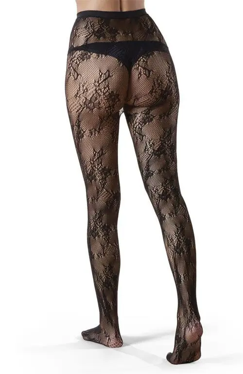 MEMOI Floral Net Sheer Tights - Black