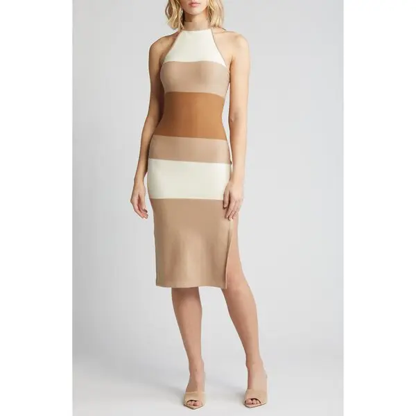 Bebe High Neck Colorblock Ribbed Midi Dress