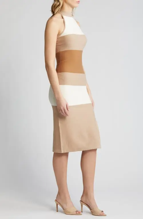 Bebe High Neck Colorblock Ribbed Midi Dress