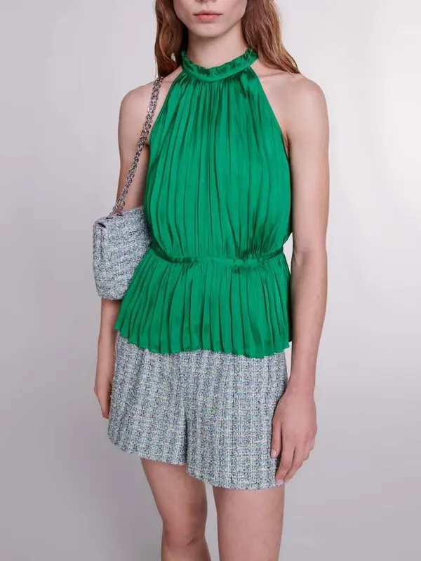 Maje Pleated Satin Top - Green