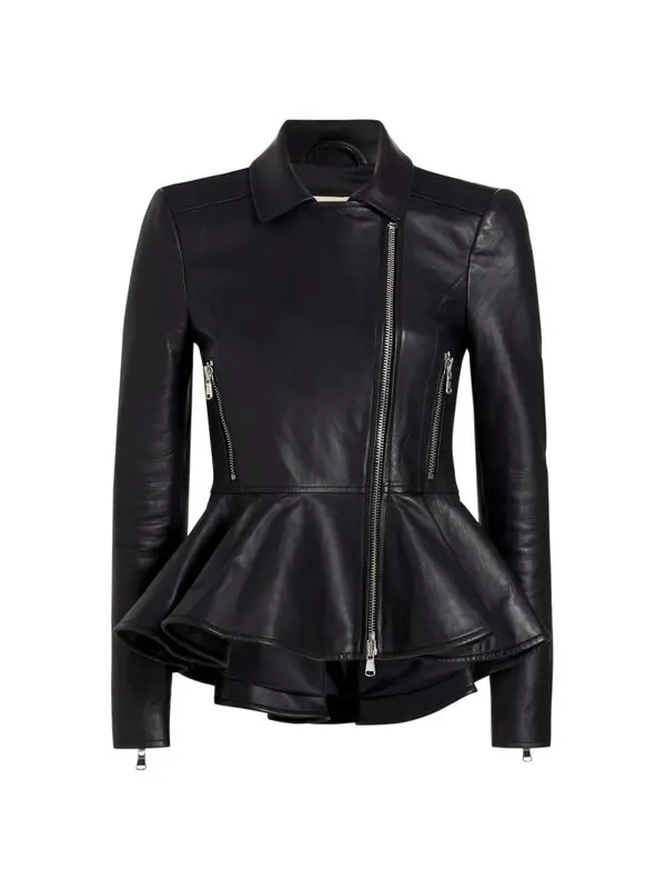 L'AGENCE Lyric Leather Peplum Biker Jacket - Black