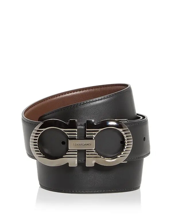 FERRAGAMO Double Gancini Buckle Reversible Leather Belt - Black/cocoa Brown