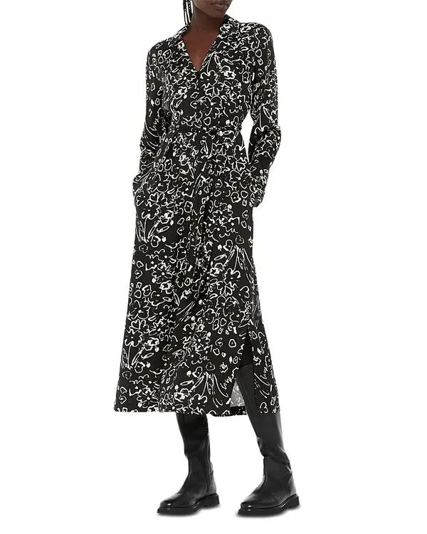 Whistles Scribble Bouquet Midi Dress - Blackmulti