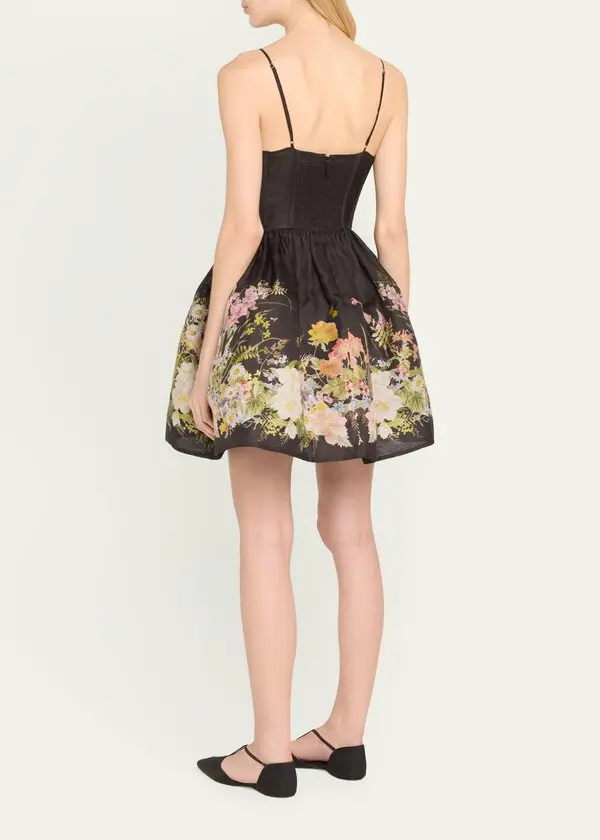 knee length dresses for ladies Zimmermann Natura Ruched Mini Dress in Black Wild Flowers main image 1