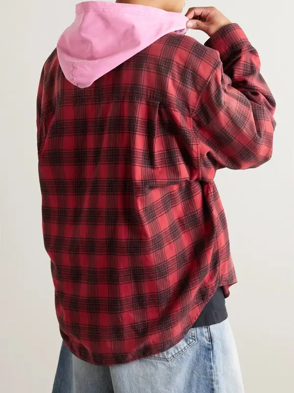 Balenciaga Checked Jersey-Trimmed Cotton-Flannel Hooded Shirt In