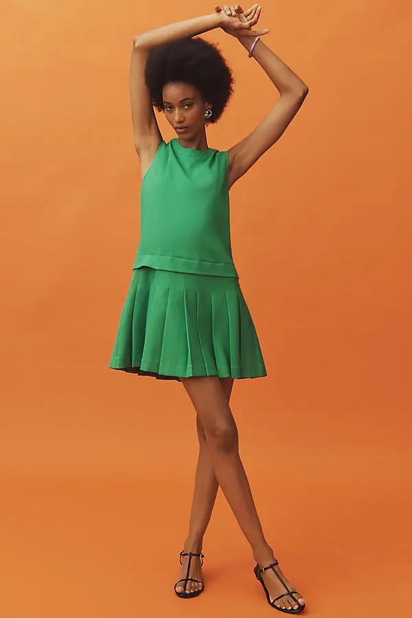 english factory sleeveless pleated mini dress English Factory Sleeveless Pleated Mini Dress - Green
