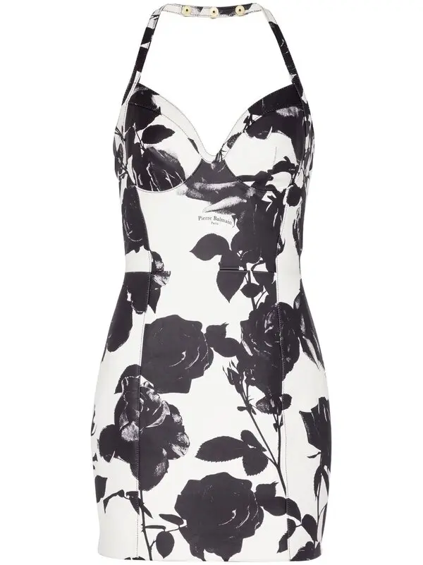 Balmain Floral-print Leather Minidress