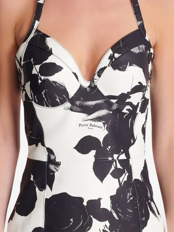 Balmain Floral-print Leather Minidress