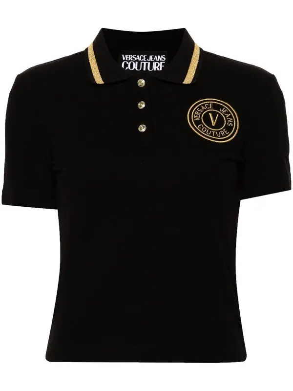 Versace V-Emblem Piqué Polo Shirt - Black | Editorialist