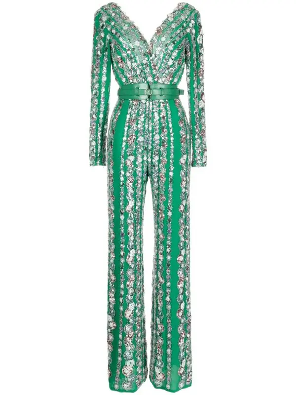 SAIID KOBEISY Embellished V-neck Jumpsuit - Green