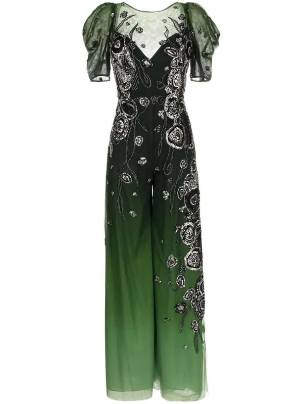 SAIID KOBEISY Gradient-effect Beaded Tulle Jumpsuit - Green