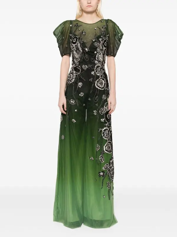 SAIID KOBEISY Gradient-effect Beaded Tulle Jumpsuit - Green