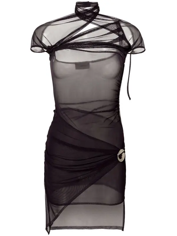 Coperni Asymmetric Sheer Mesh Mini Dress - Purple