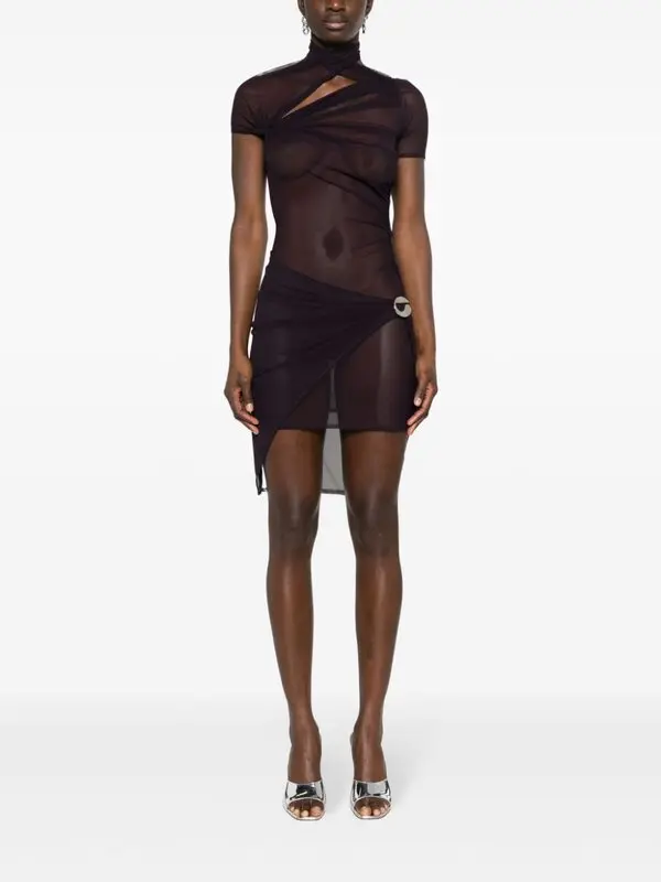 Coperni Asymmetric Sheer Mesh Mini Dress - Purple