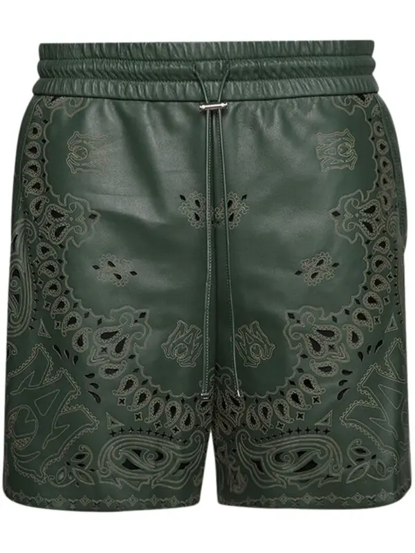 Amiri Bandana Laser-etched Leather Shorts - Green