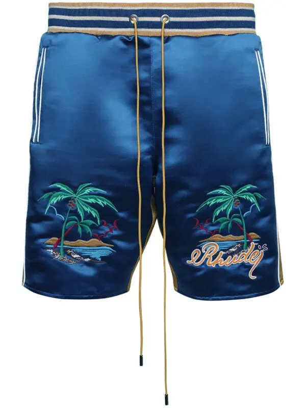 Rhude Palm Eagles Satin Shorts - Blue