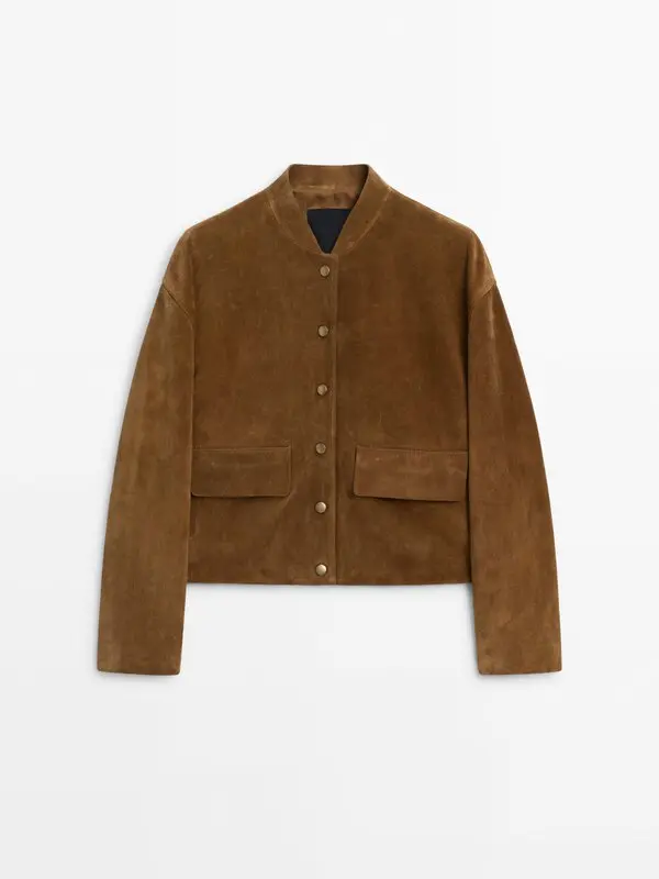 Massimo Dutti Suede Leather Bomber Jacket With Gold Snap Buttons