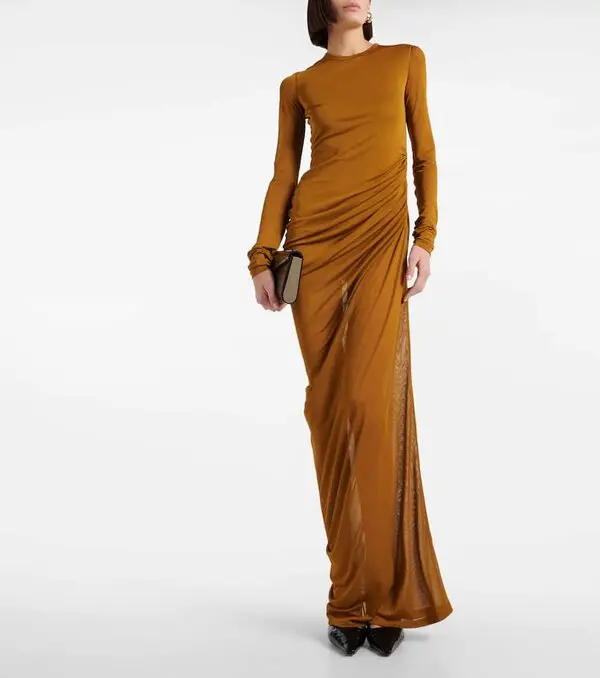 Saint Laurent Ruched Jersey Voile Maxi Dress - Yellow | Editorialist