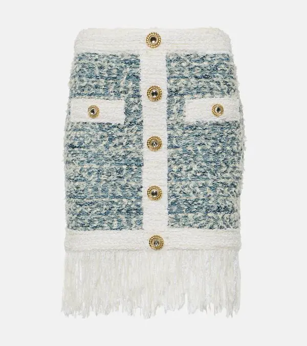 Balmain Fringed Denim Tweed Miniskirt - Blue