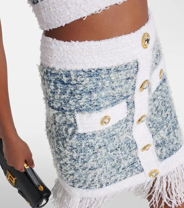 Balmain Fringed Denim Tweed Miniskirt - Blue