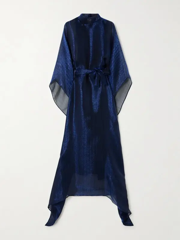 TALLER MARMO Oceano Belted Asymmetric Metallic Organza Turtleneck Gown